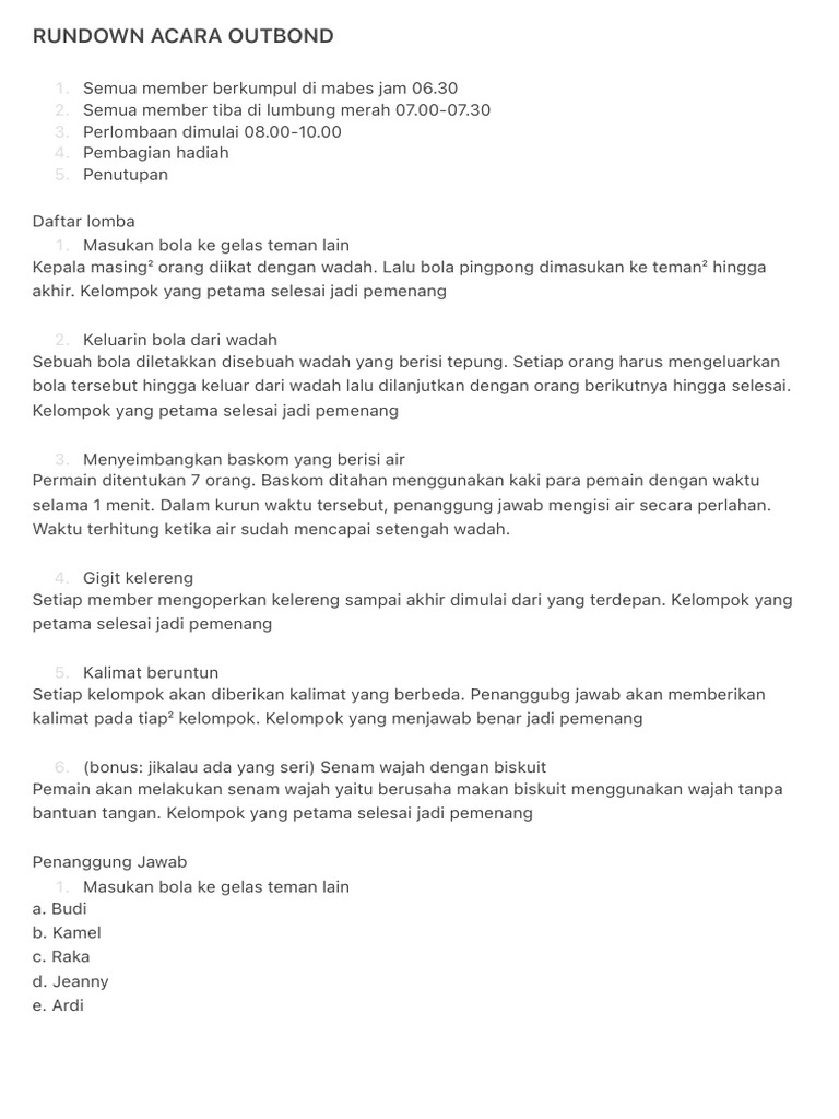 Rundown & Lomba Outbond Seru | PDF