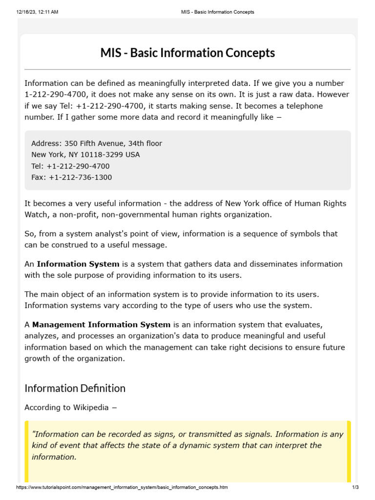 MIS - Basic Information Concepts | PDF | Information | Data