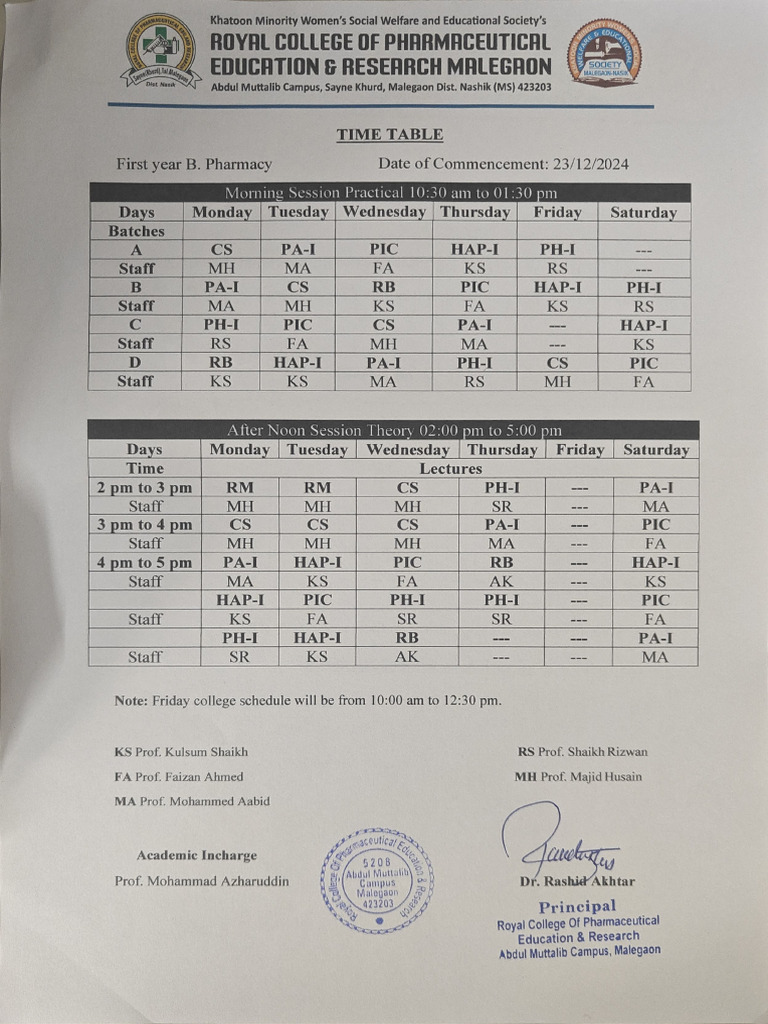 FY Time Table-1 | PDF