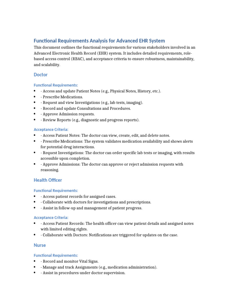 Functional and NonFunctional Requirements Analysis EHR | PDF | Medical ...
