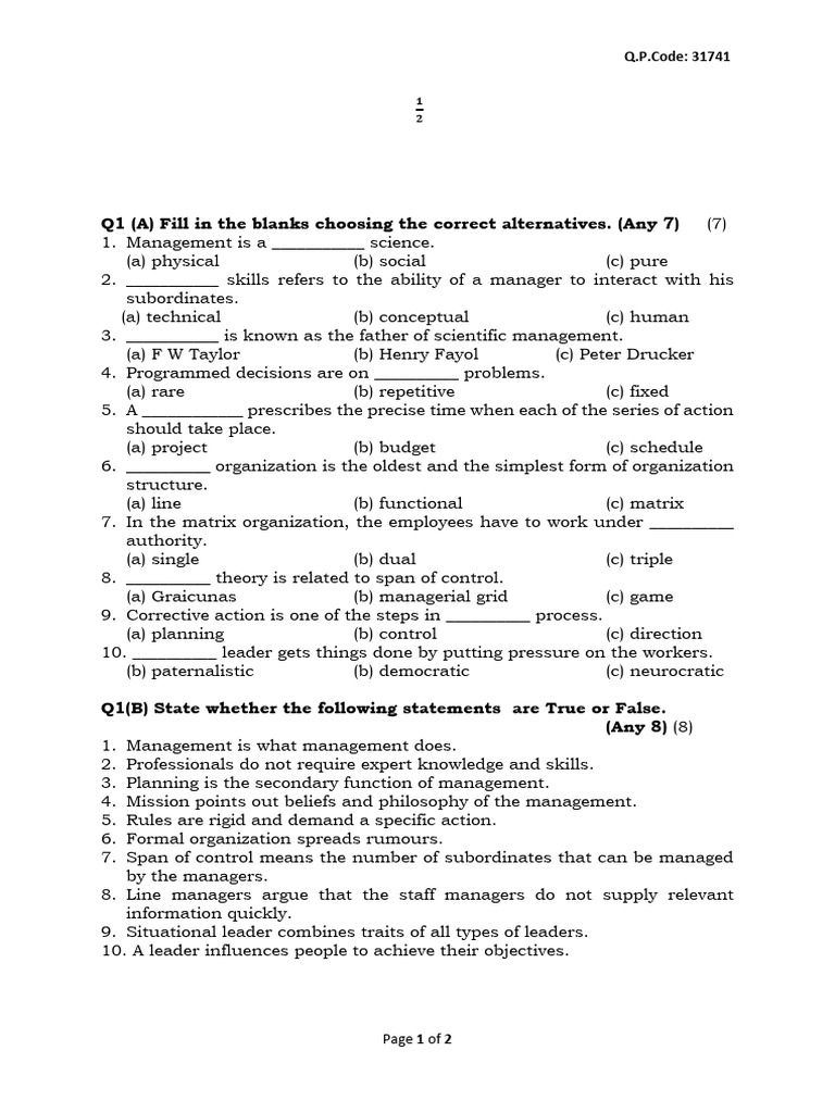 Q1 (A) Fill in The Blanks Choosing The Correct Alternatives. (Any 7) | PDF