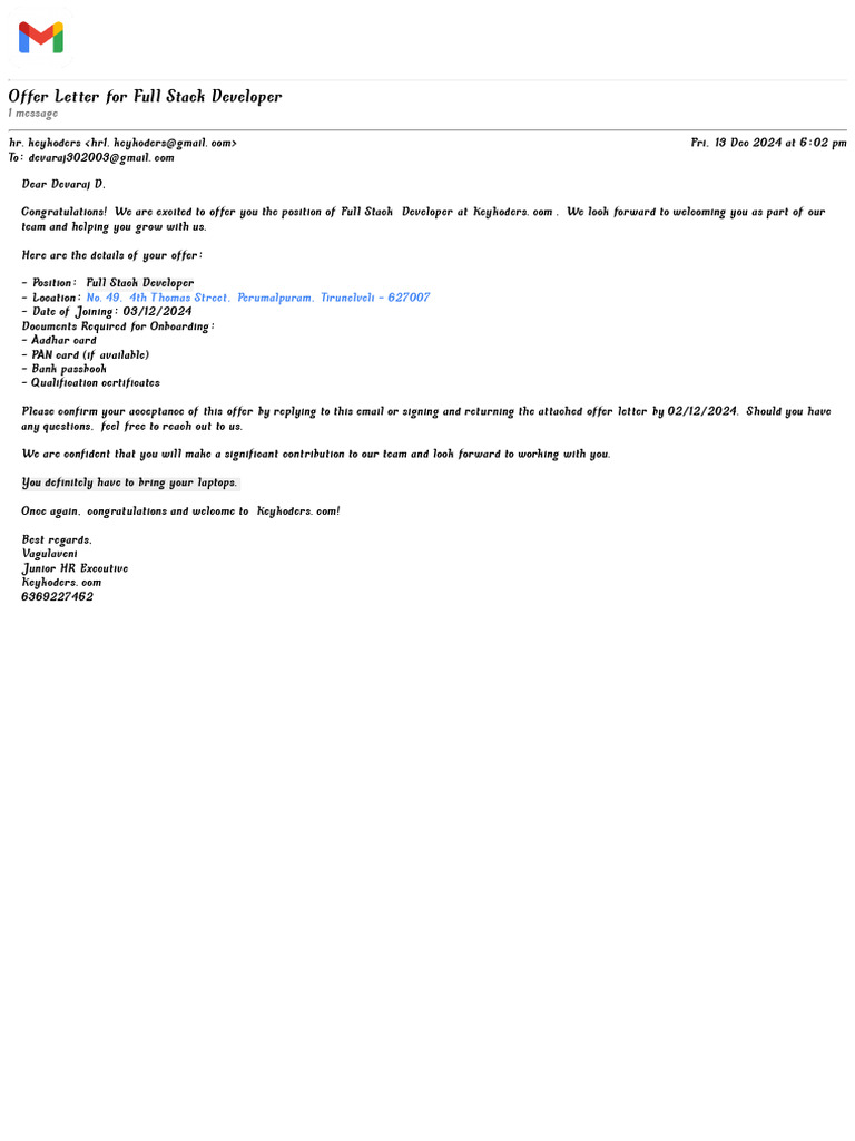Gmail - Offer Letter For Full Stack Developer | PDF