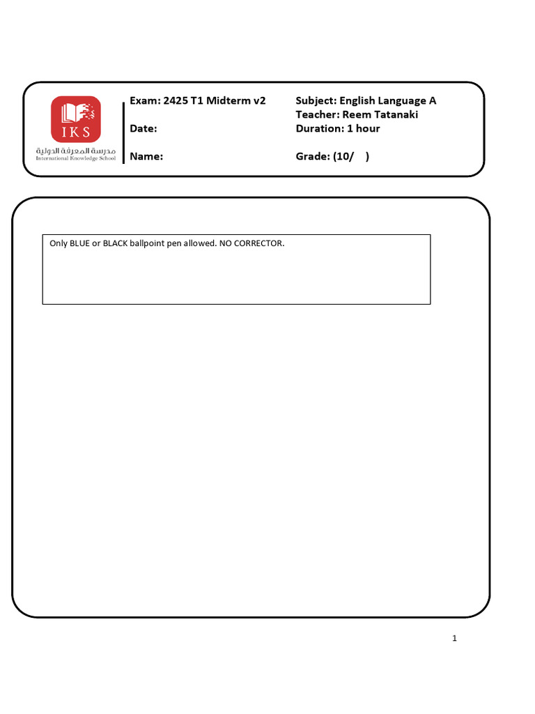 2425 T1 Y10 English a IGCSE Midterm v2 | PDF