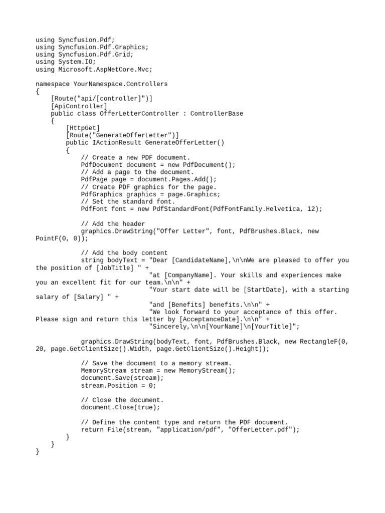 Offer Letter Code Using Csharp | PDF