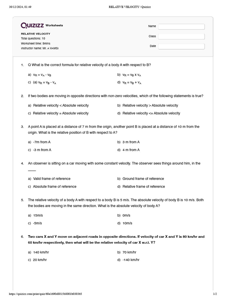 RELATIVE VELOCITY _ Practice Probs | PDF | Physical Quantities | Quantity
