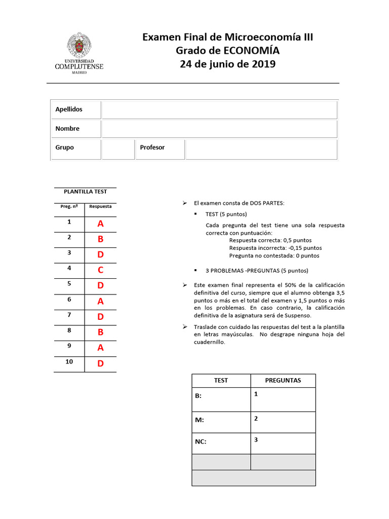 examen micro 3 ucm sol-junio 2019 | PDF | Monopolio | Oferta (economía)
