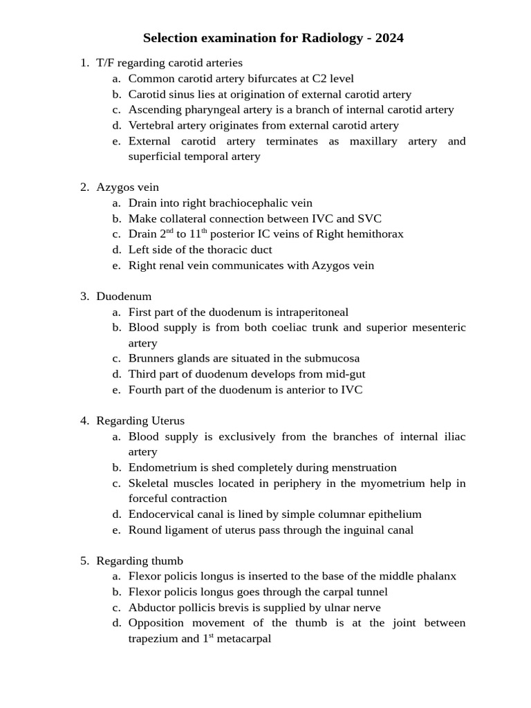 Radiology Selection Exam Questions 2024 | PDF | Common Carotid Artery ...