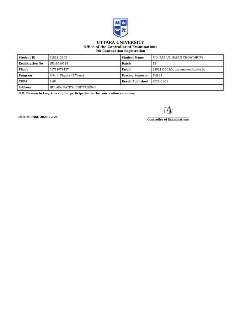 Convocation Registration Slip Print | PDF