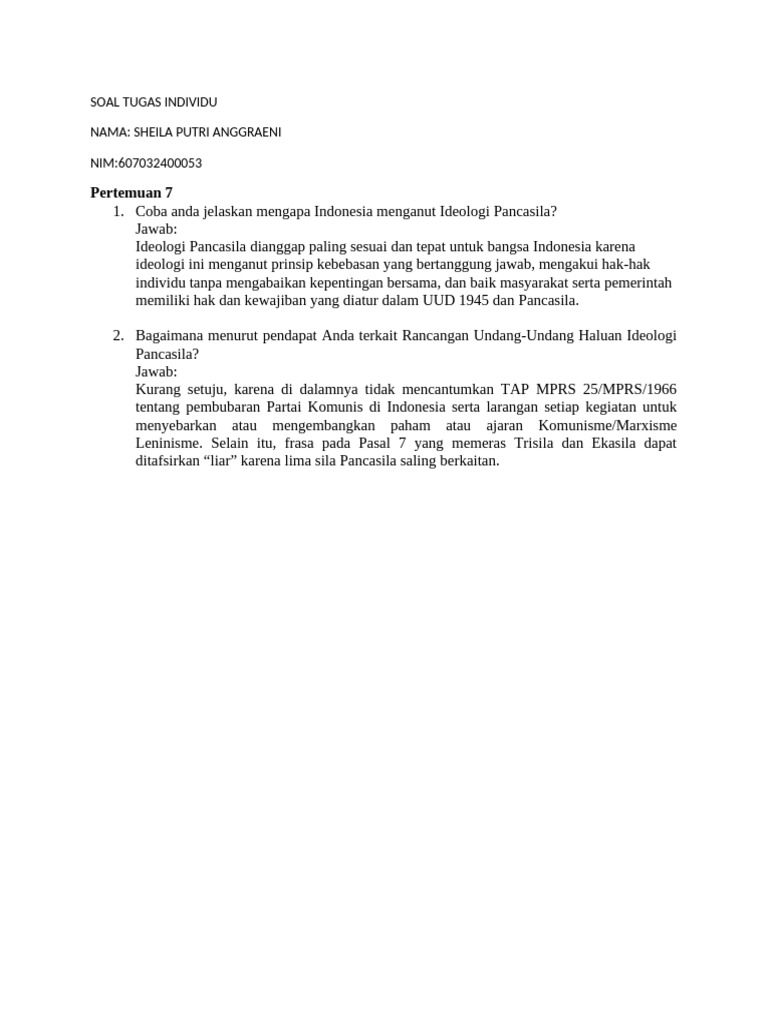SOAL TUGAS INDIVIDU Pancasila-SHEILA PUTRI A | PDF