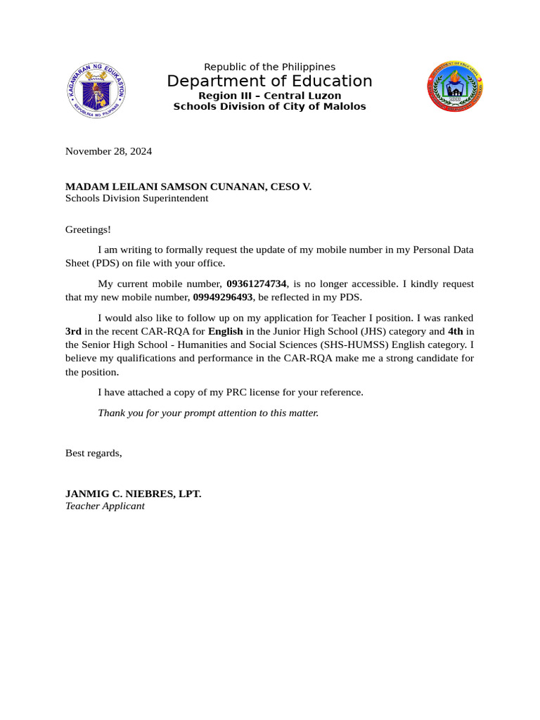 PDS Update and Teacher Application Follow-up | PDF
