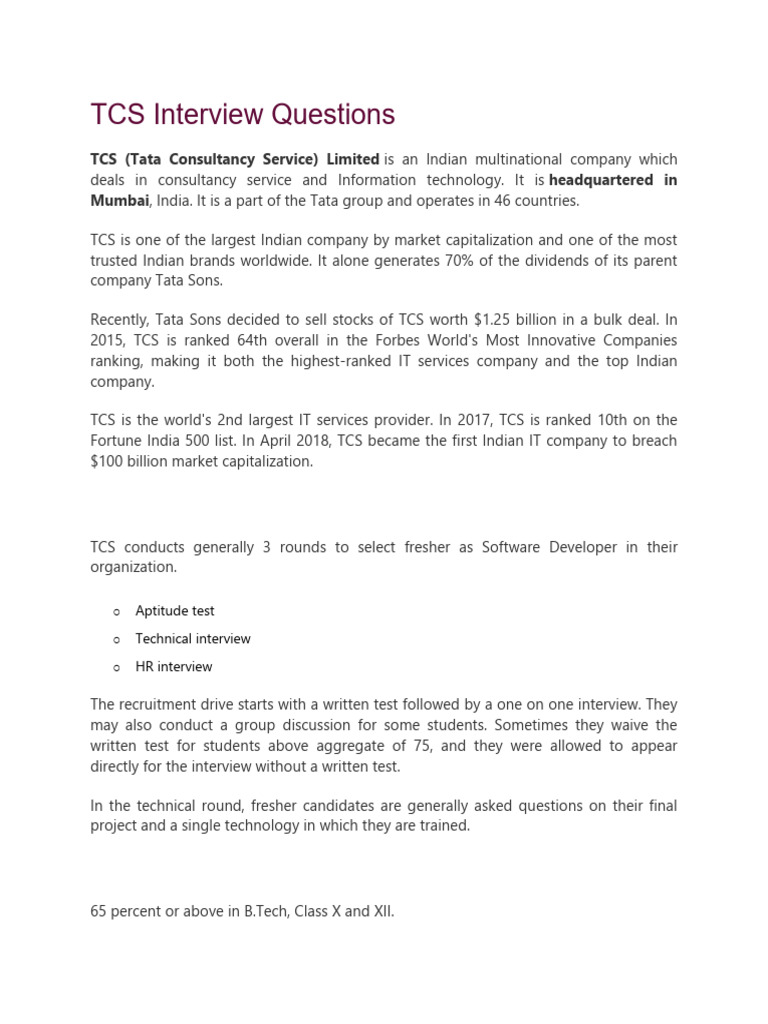 Study-Material-TCS-Placement-Interview-Questions-07122023 | PDF | Class (Computer Programming ...