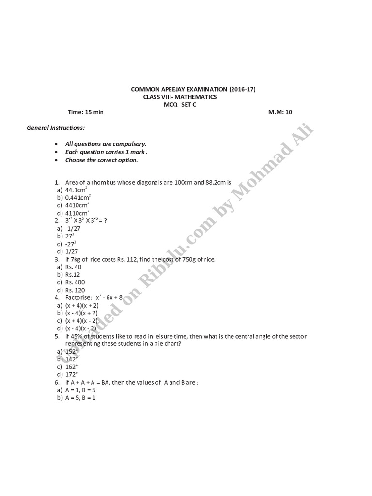 Class 8 Maths Sa2 Multiple Choice MCQ 3 Apeejay School | PDF ...