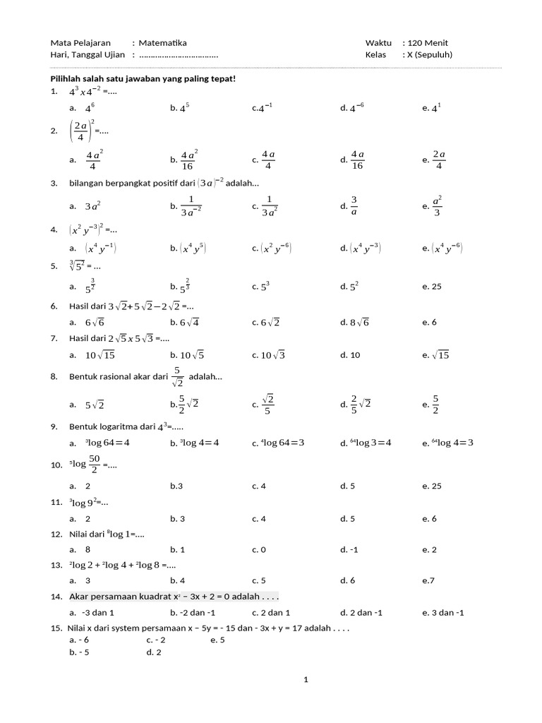 Soal Matematika KLS 10 SMT 2 (2023 | PDF