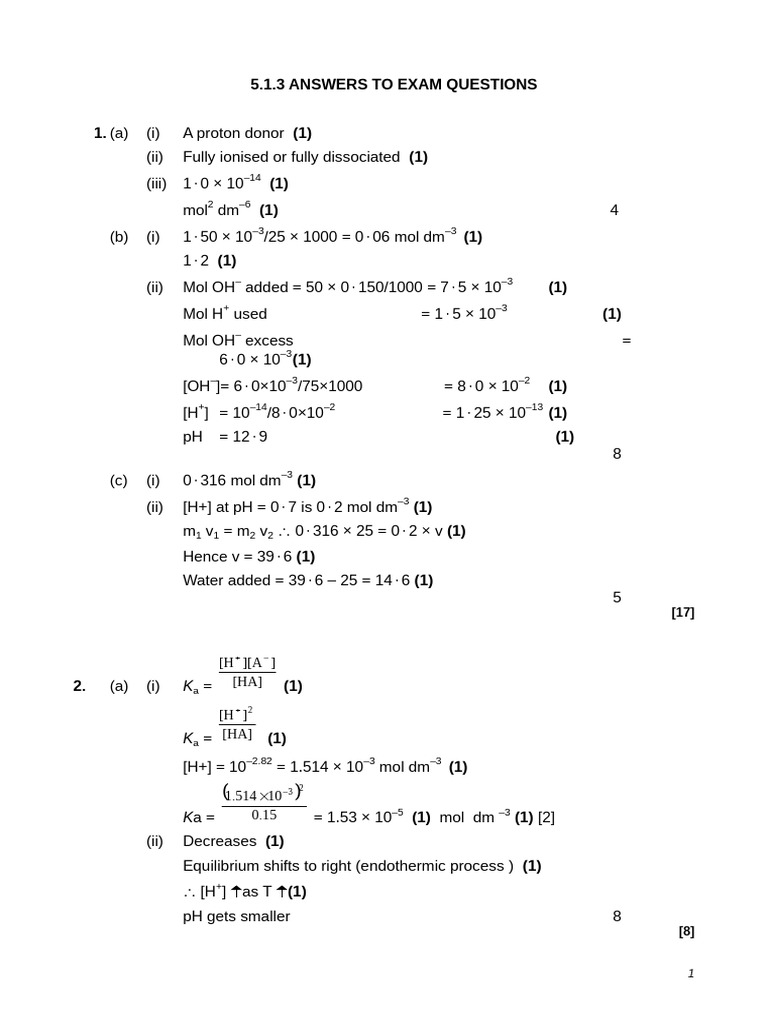 Exam Answers for Acid-Base Chemistry | PDF | Acid | Ph