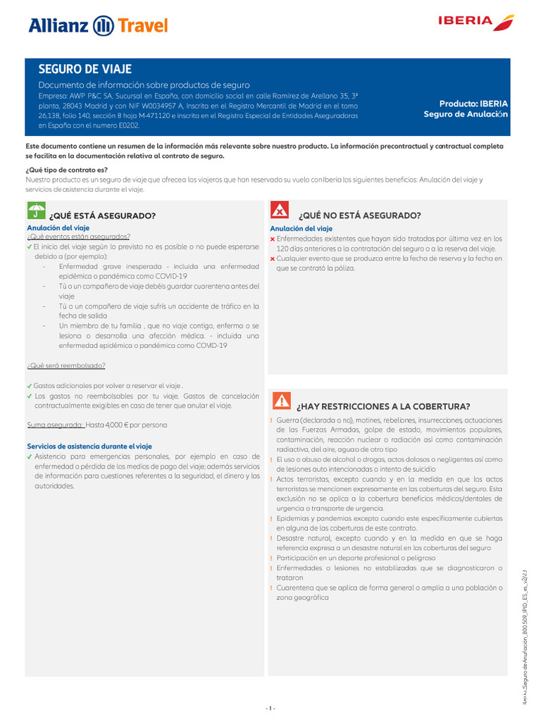 Seguro de Anulación Iberia: Cobertura y Beneficios | PDF