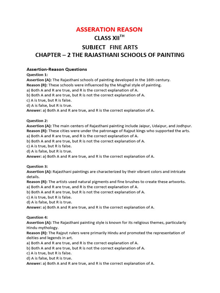 Class 12 Asseration Reason Fine Arts CHP 2 (2024-25) | PDF | Teachers | Expert