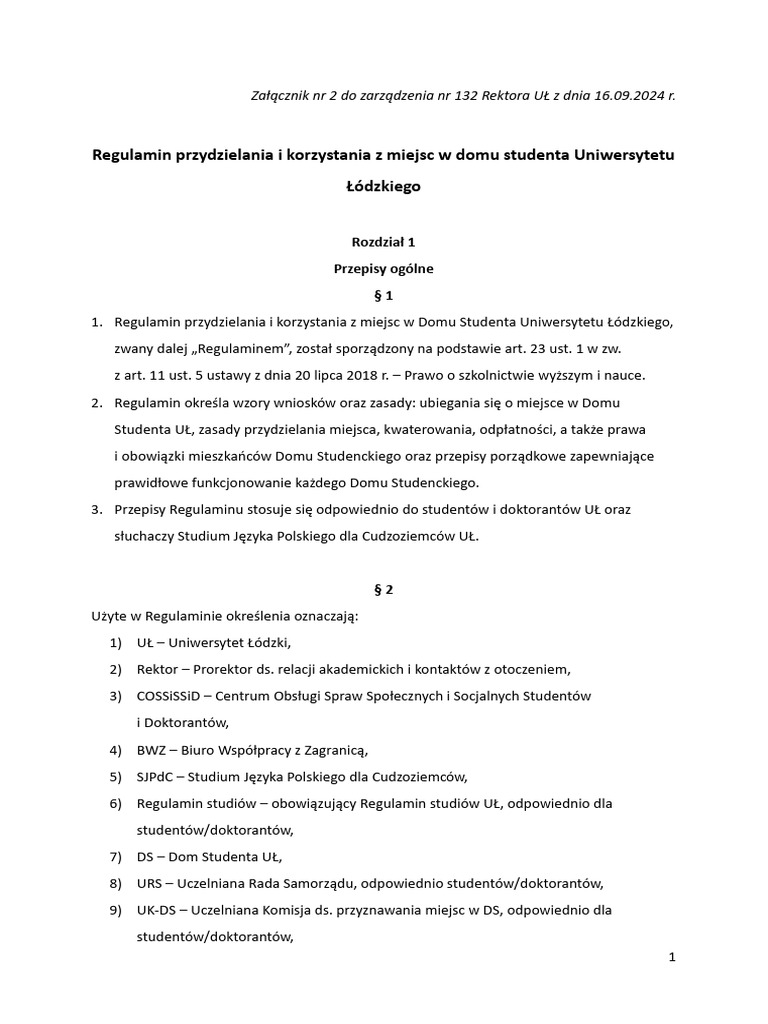 Załącznik NR 2 - Regulamin Przydzielania I Korzystania Z Miejsc W DS | PDF