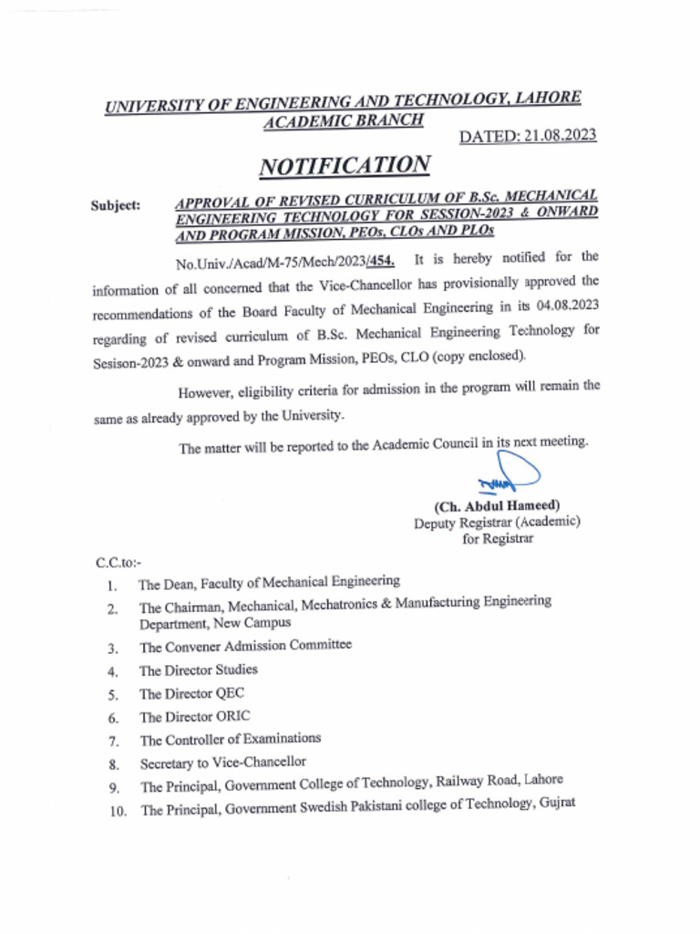 Curriculum of B.sc. Mechanical Engineering Technology for Sesison-2023 ...