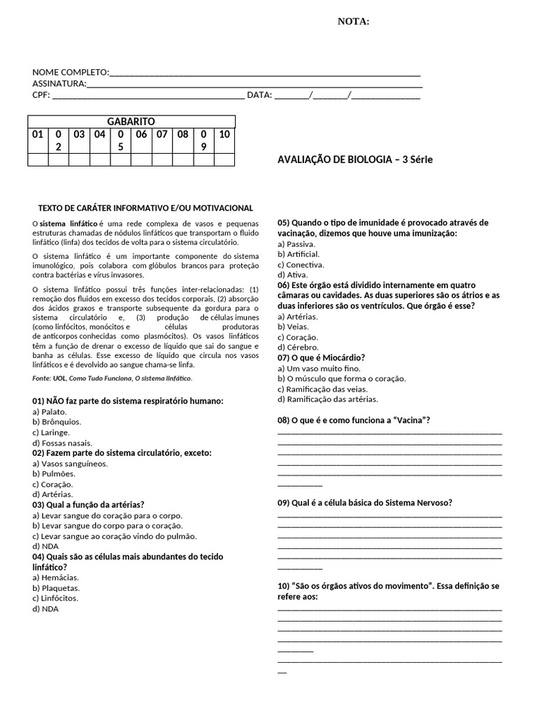 Prova de Biologia Do Ensino Mã© Dio | PDF | Sistema linfático | Sistema circulatório