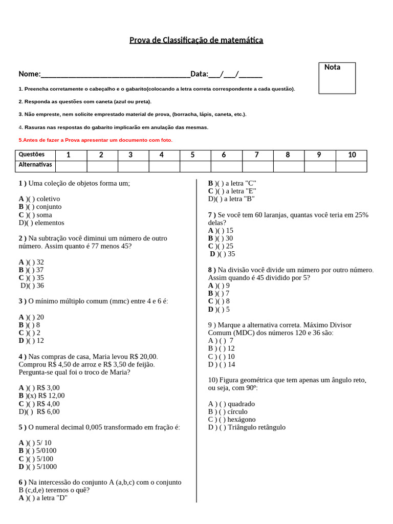 Prova de Matemática com Questões e Gabarito | PDF | Aritmética ...
