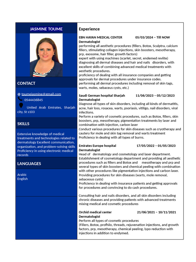 Jasmine Toume Cv Desin | PDF | Dermatology | Clinical Medicine