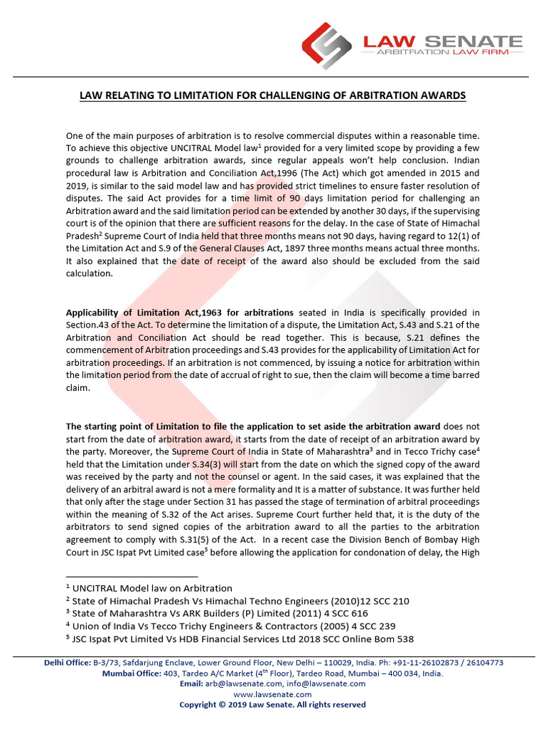 Law Relating To Limitation For Challenging of Arbitration Awards | PDF ...
