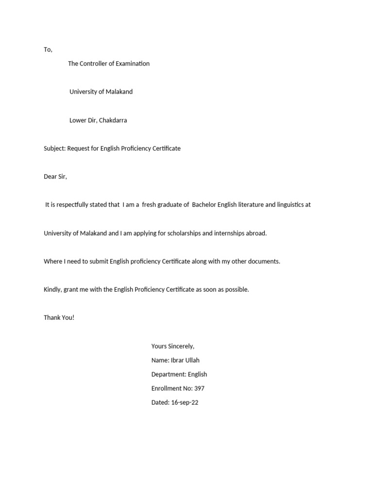 English Proficiency Certificate Request | PDF