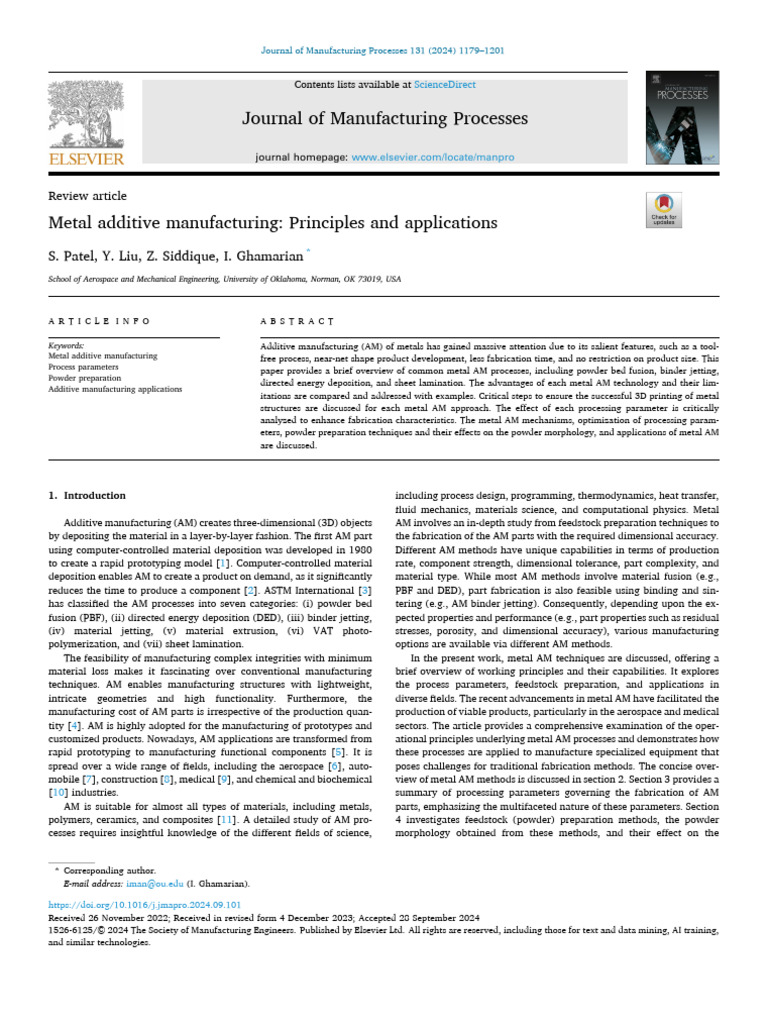 Journal of Manufacturing Processes: S. Patel, Y. Liu, Z. Siddique, I ...