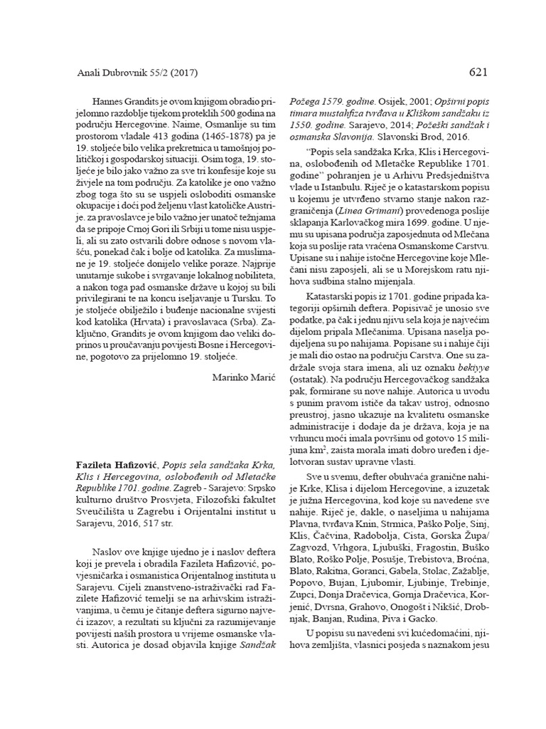 Miovic Vesna - Popis sela sandzaka Krka, Klis i Hercegovina, oslobodjenih od Mletacke Republike ...