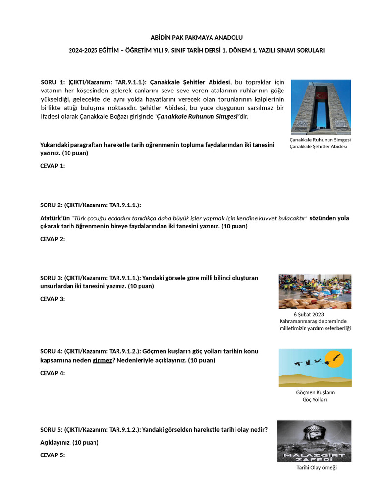 9 Tari̇h 2024-2025 1.dönem 1.yazili Sorulari | PDF