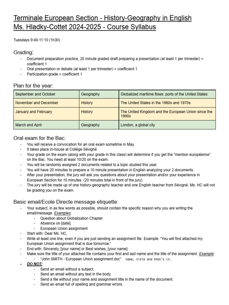 Terminale European Section - Course Syllabus 2024-2025 | PDF ...