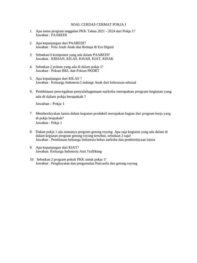 Soal Cerdas Cermat Pokja I | PDF