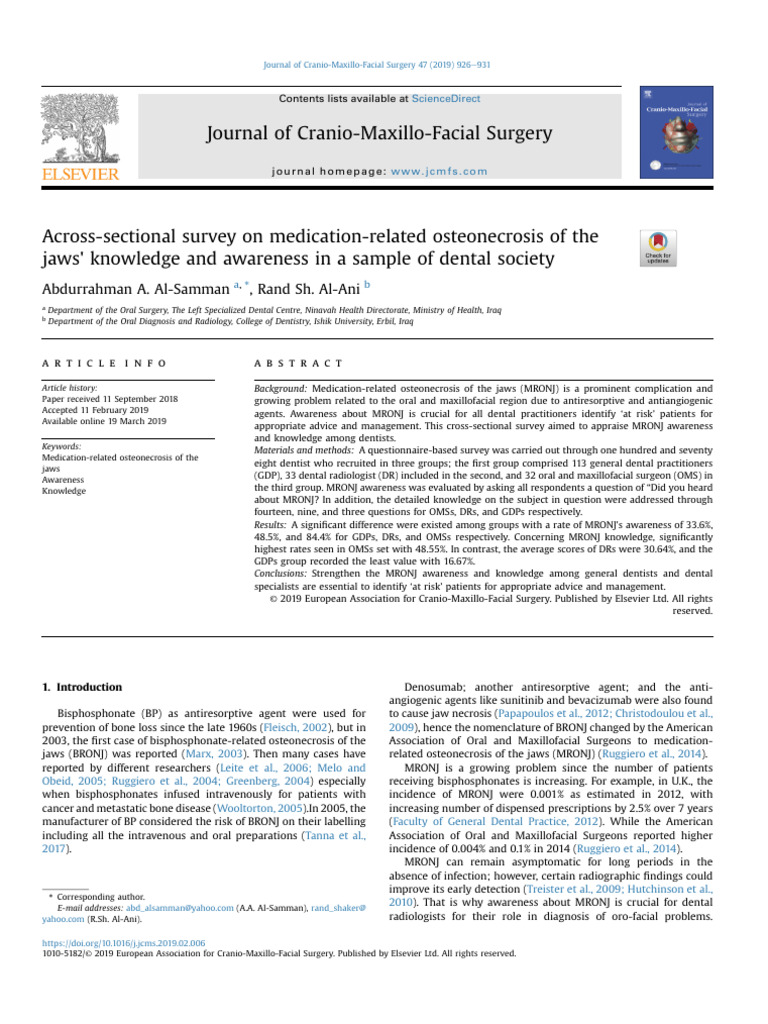 Across Sectional Survey On Medication Related Osteonec 2019 Journal of ...