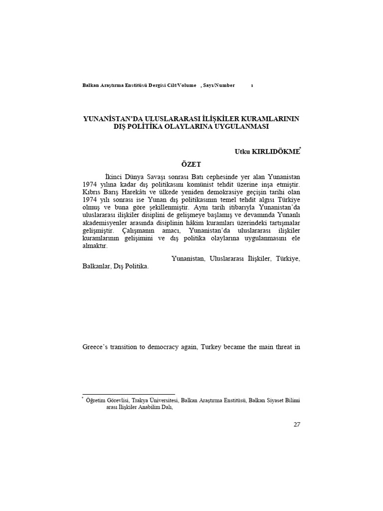 Yunanistan Uluslararas - Li - Kiler Kuramlar - N - N D - Politika Olaylar - Na Uygulanmas ...