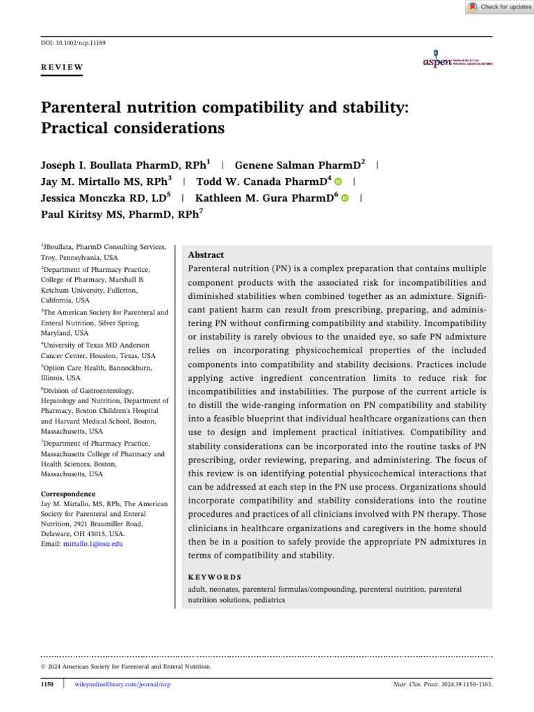 Nut in Clin Prac - 2024 - Boullata - Parenteral nutrition compatibility ...