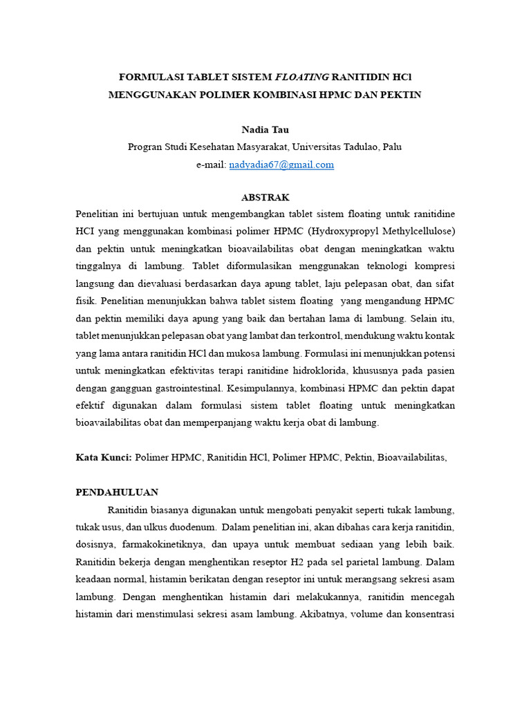 Tablet Floating Ranitidin HCl: HPMC & Pektin | PDF