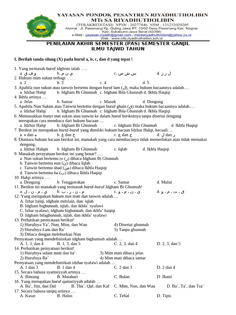 SOAL PAS GANJIL TAJWID KLS 7 2022 | PDF