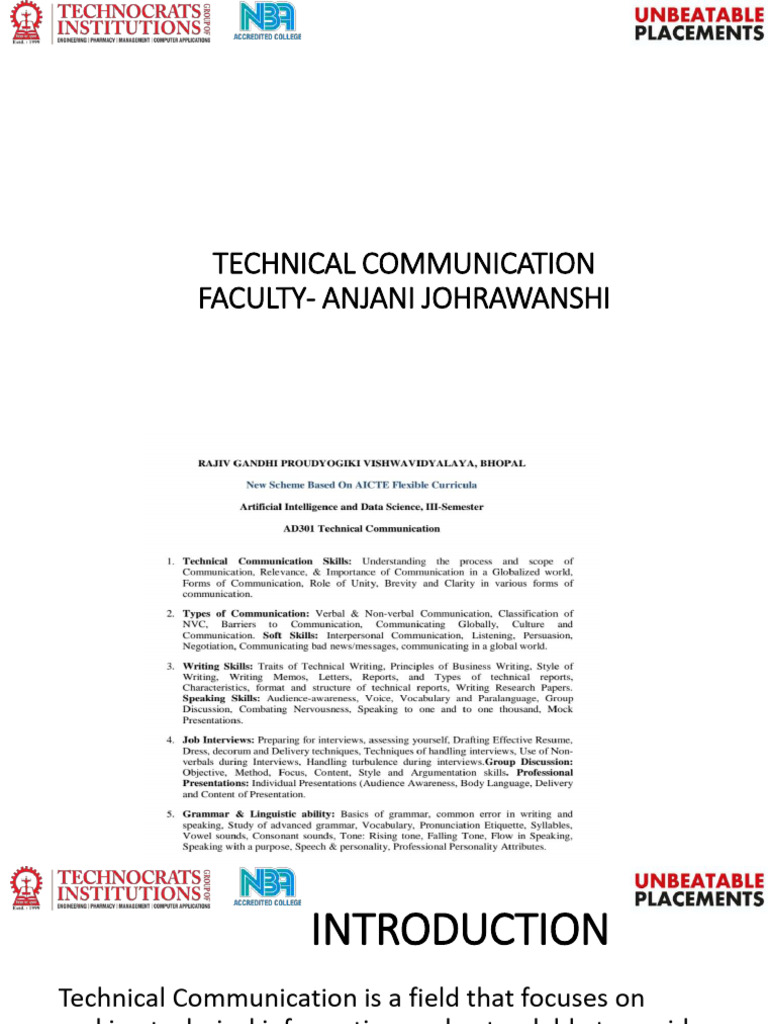 TECHNICAL COMMUNICATION UNIT- 1 | PDF | Communication | Technical Communication