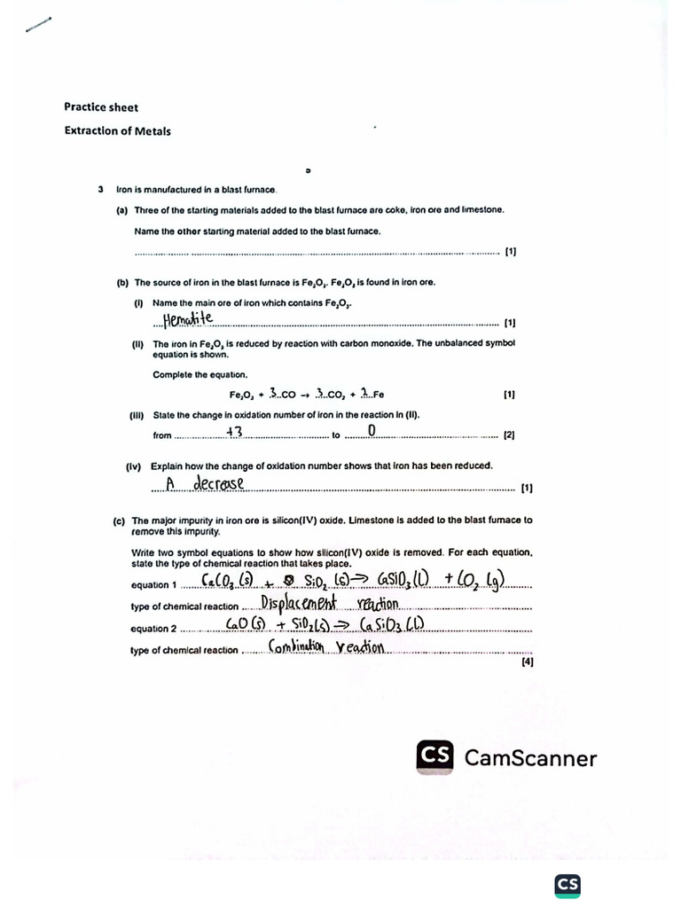 Extraction of Metals Worksheet (Answers) | PDF