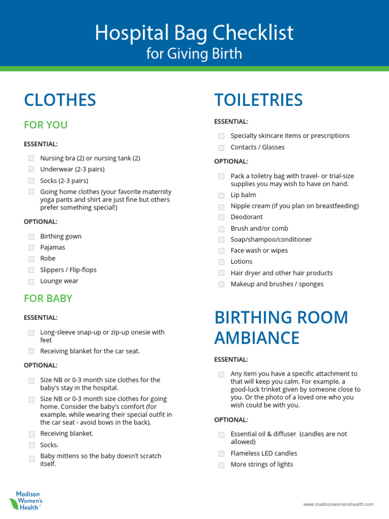Printable Pregnancy Hospital Bag Checklist What To Pack in Your ...