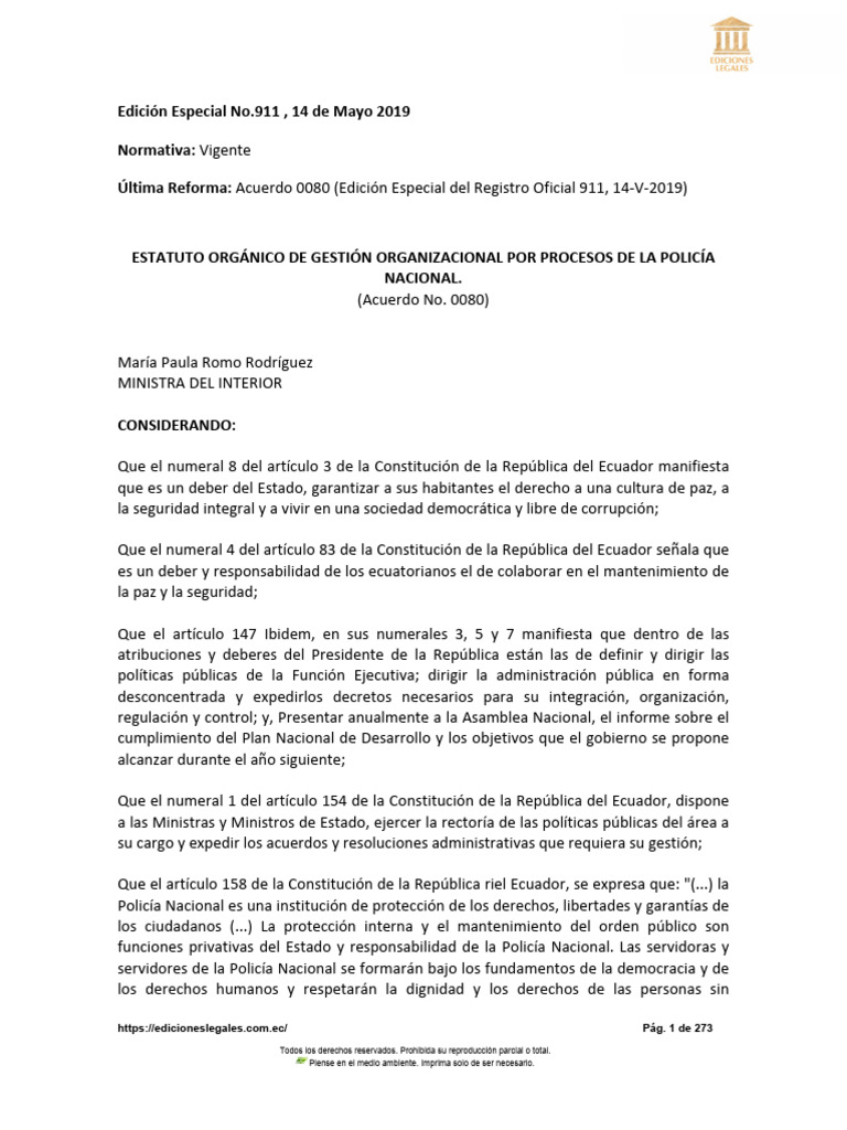 ESTATUTO ORGÁNICO DE GESTIÓN ORGANIZACIONAL POR PROCESOS DE LA POLICÍA (1) | PDF | Policía ...