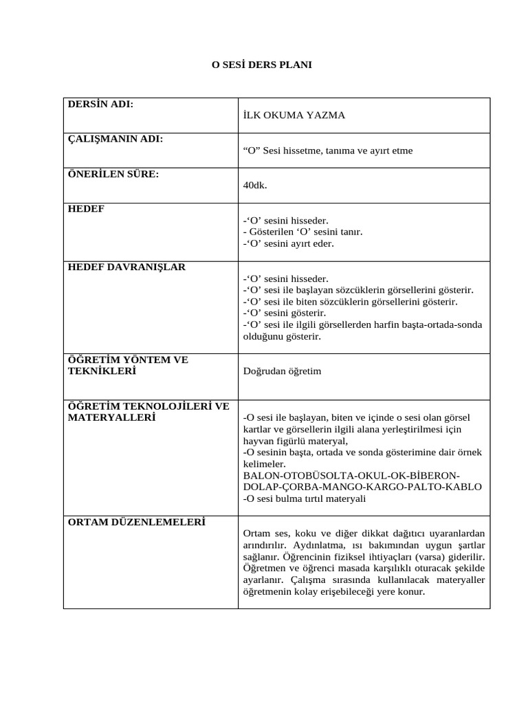 O Sesi̇ Ders Plani | PDF