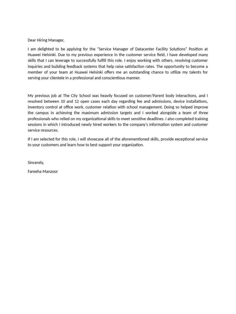 Cover Letter Service Manager | PDF