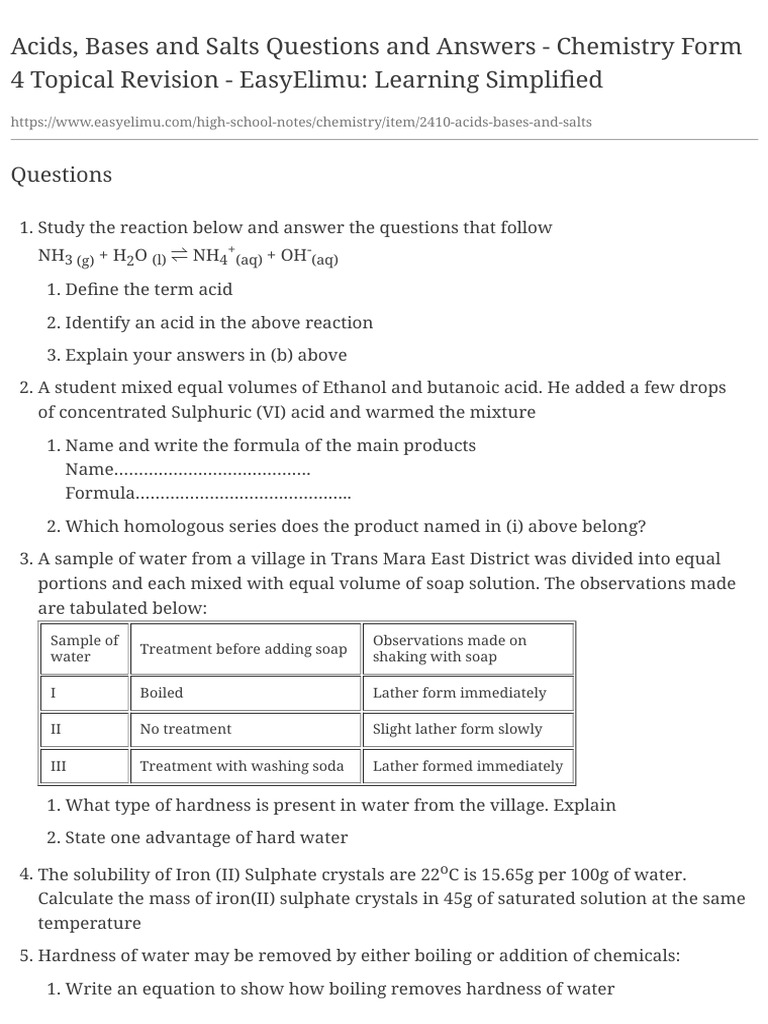 Acids, Bases and Salts Questions and Answers - Che+ | PDF | Solubility ...