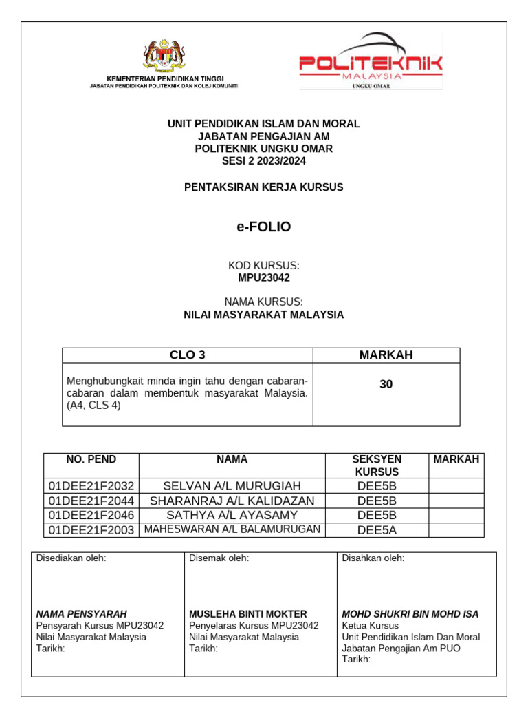 Selvan Coverpage Pentaksiran Pensyarah Kursus E-Folio | PDF