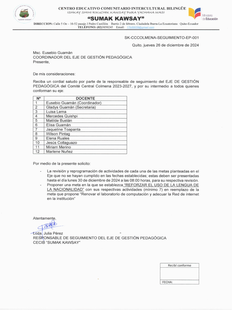 Oficio Reprogramacion Actividades Pec Eje Pedagogico Firma | PDF