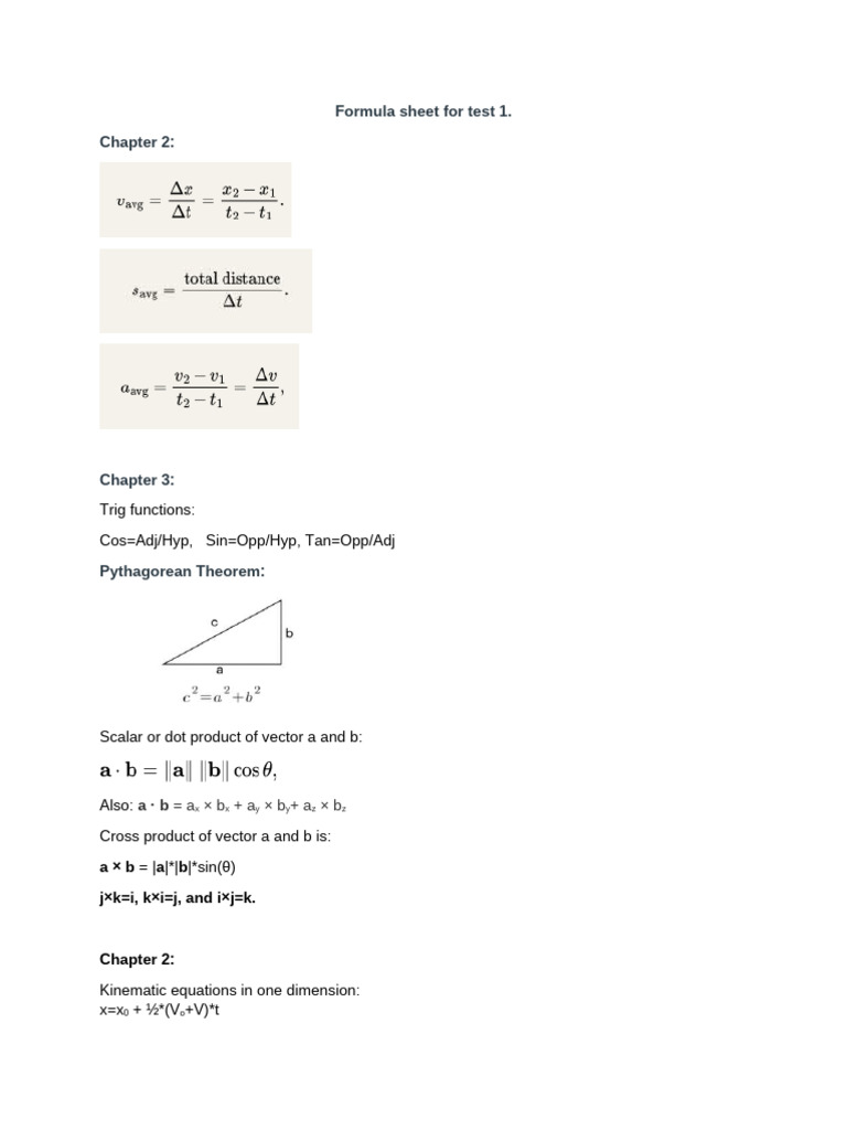 Test 1 Formula Sheet for Physics | PDF