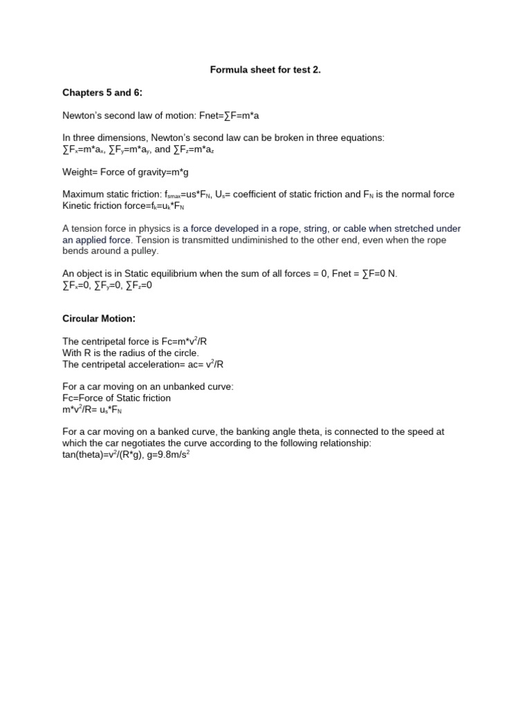 Formula sheet for test 2, pHY 2048, SP 23 | PDF