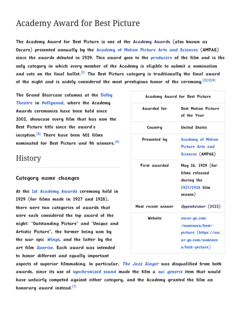 Academy Award For Best Picture - Wikipedia | PDF | Academy Award For ...