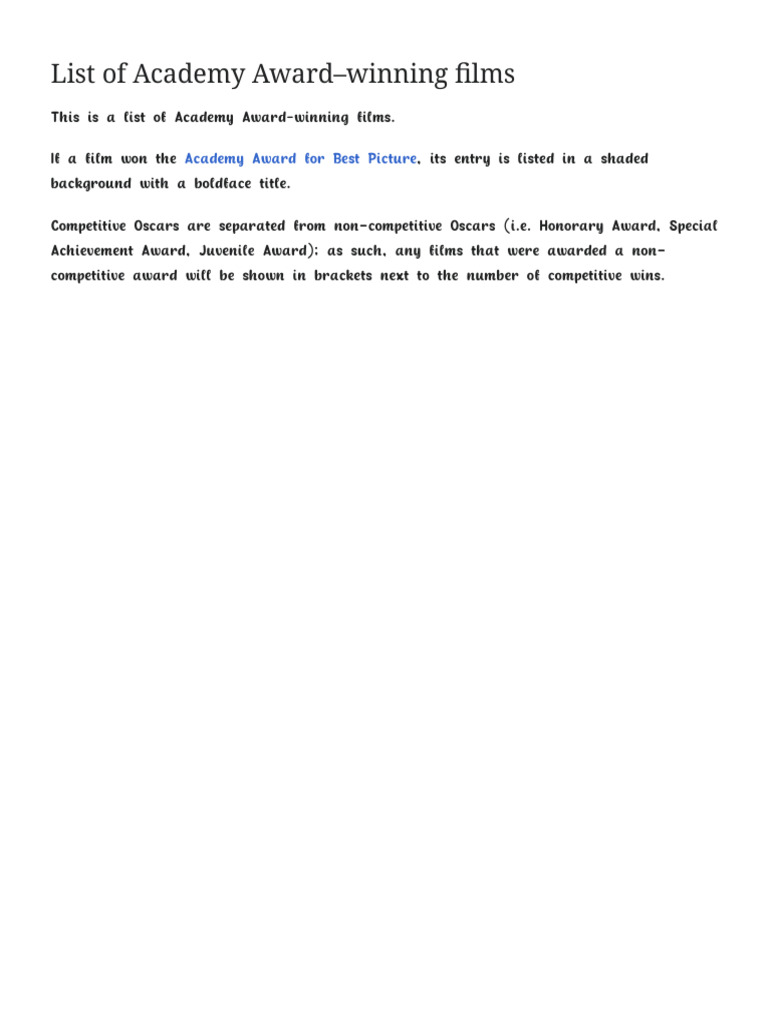 List of Academy Award-Winning Films - Wikipedia | PDF